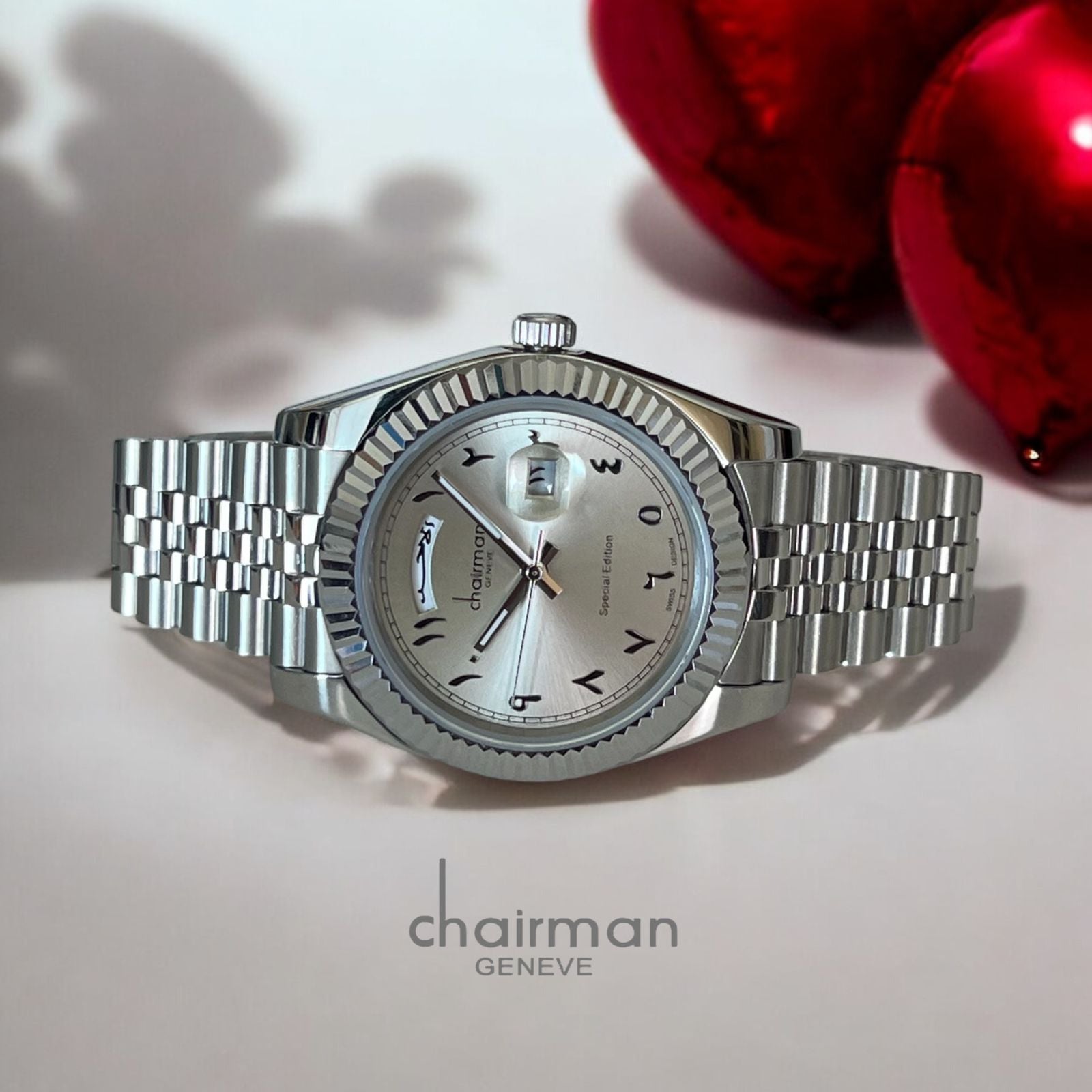 ساعة Chairman Geneve Arabic Day And Dated للرجال بمينا رمادية وسوار فض ...